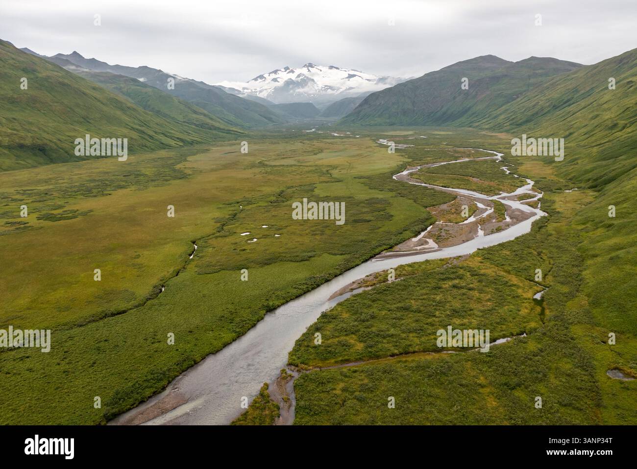 Aerial view of a river streaming from the glacier, Broad Bay, Unalaska ...
