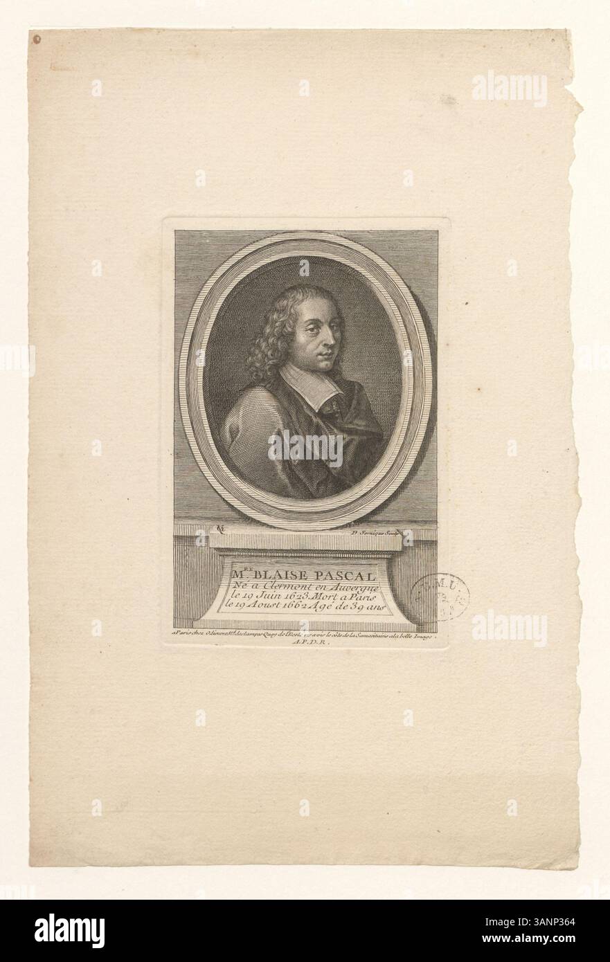 This intaglio print commemorates Blaise Pascal, born in Clermont in ...