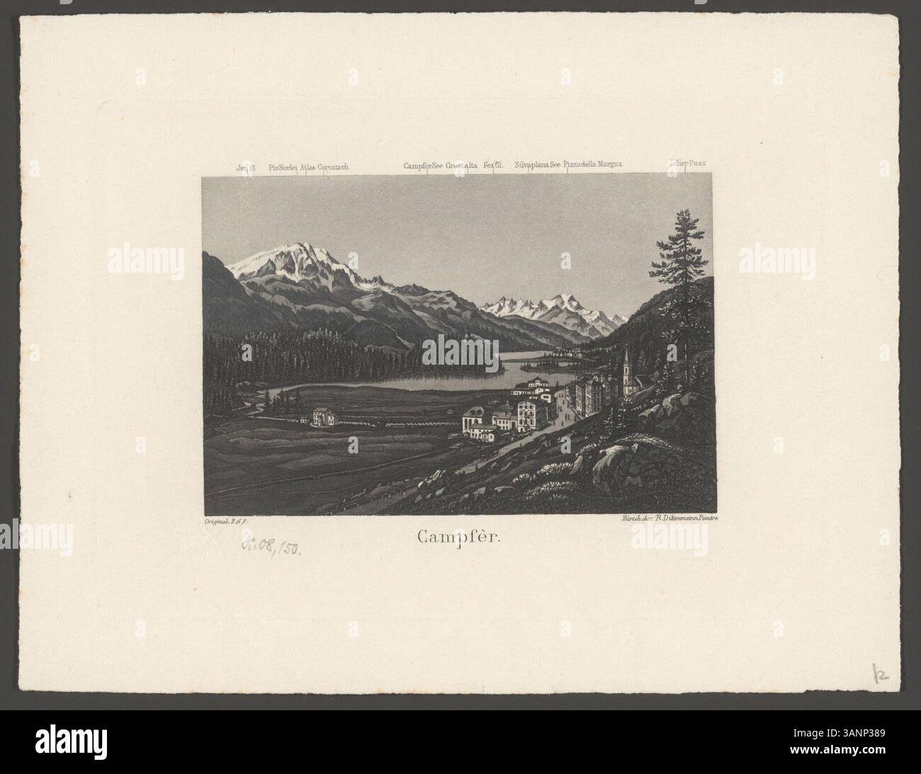 This print shows the Alpine landscape surrounding Campfer, with views ...