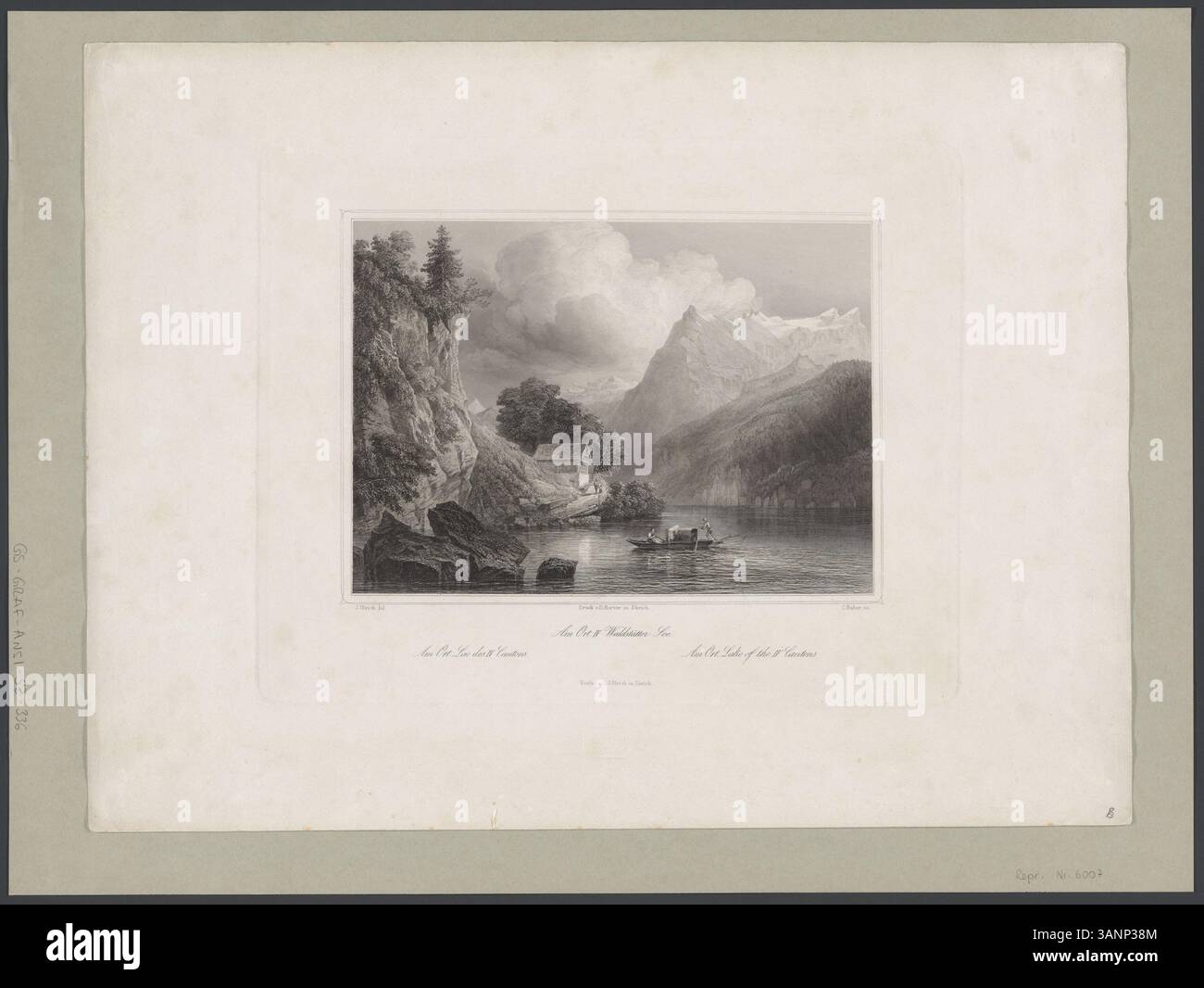 A print from 1856 by Johann Jakob Ulrich, featuring a view of Lake of ...
