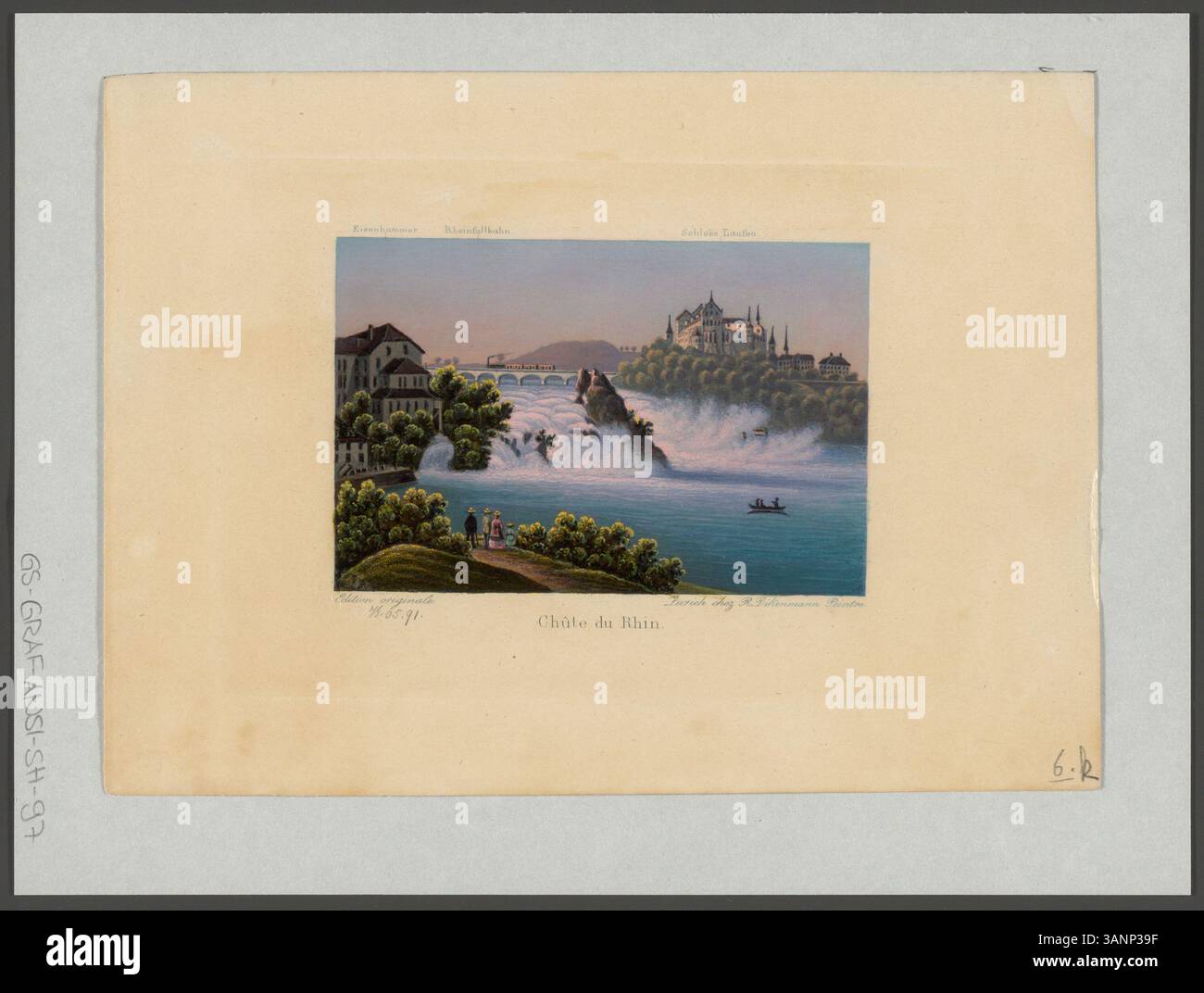 This etching and aquatint print, created by Johann Rudolf Dikenmann, features the Rhine Falls ...