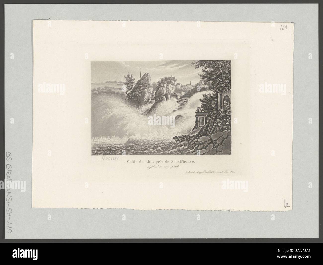 An etching and aquatint print depicting the Chute du Rhin near Schaffhausen, Switzerland, drawn ...