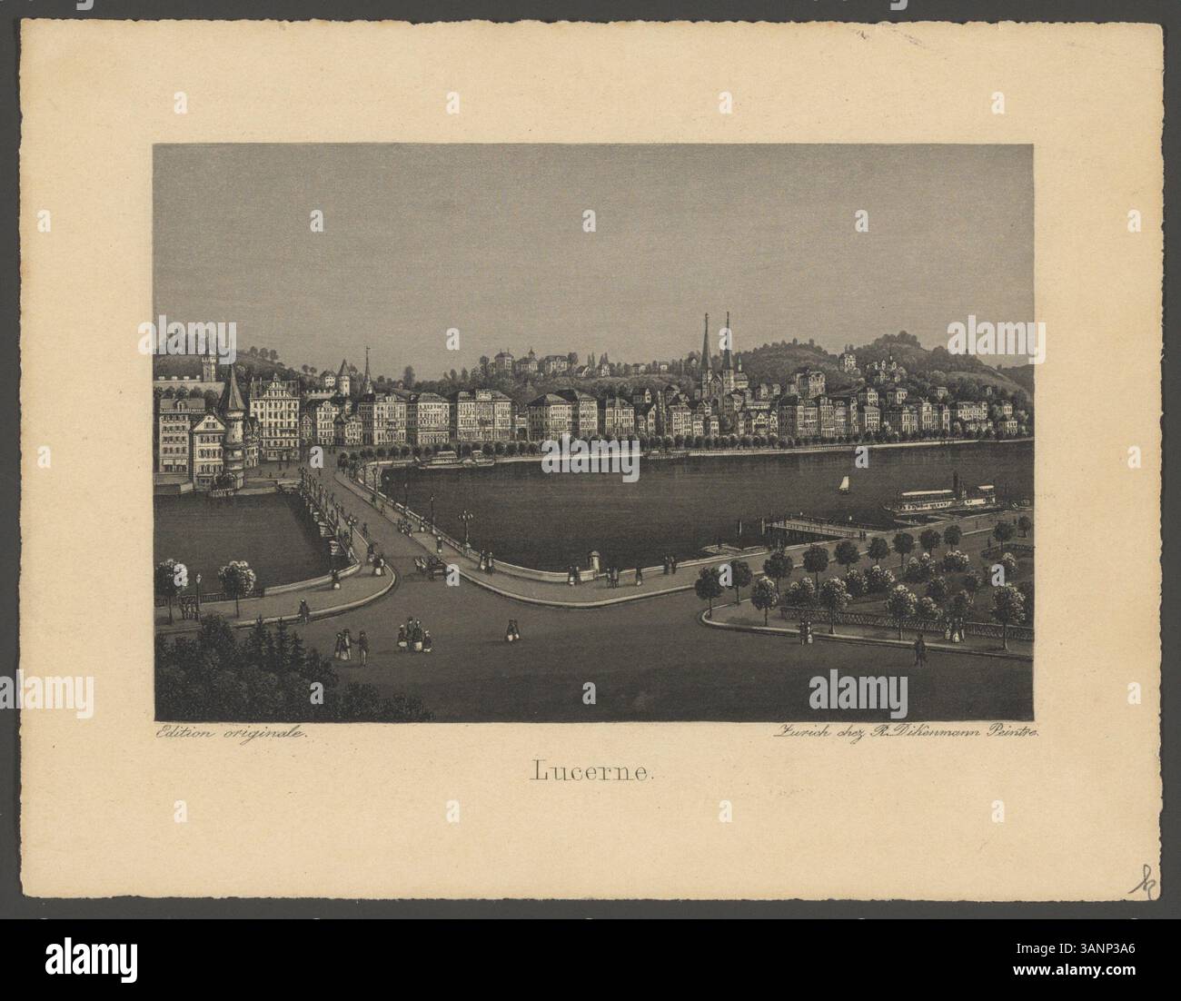 Aquatint print of Lucerne, highlighting the town’s famous landmarks and ...