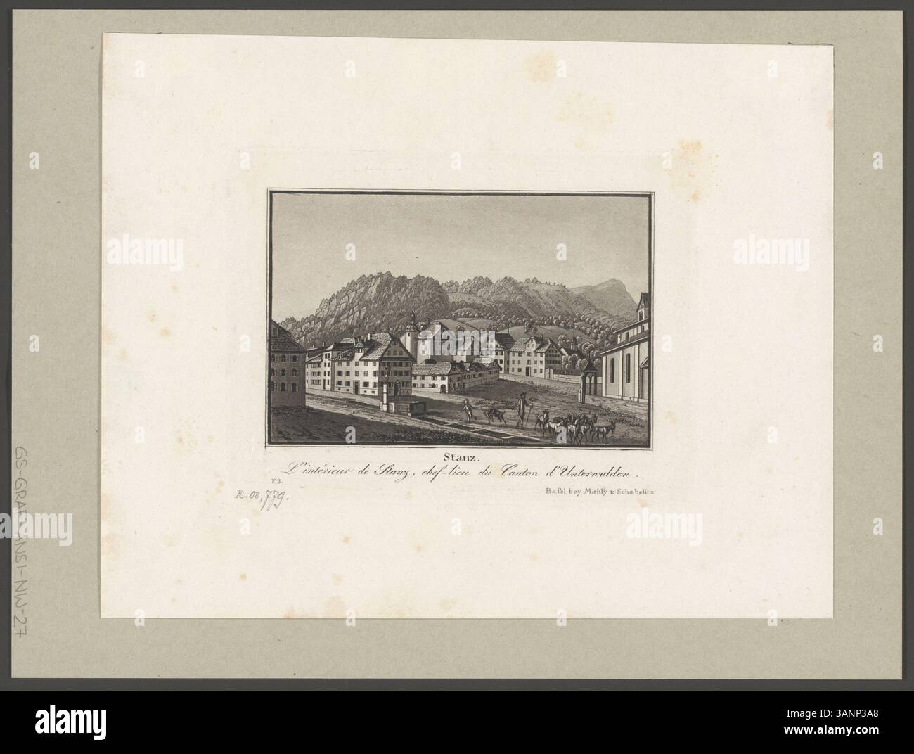 An 19th-century aquatint and etching depicting Stanz, the capital of ...