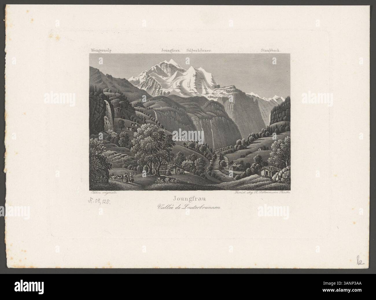 This 19th-century etching by Johann Rudolf Dikenmann depicts the Jungfrau and Lauterbrunnen ...