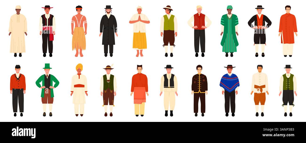 Folk man in ethnic traditional different dress set. People wearing ...