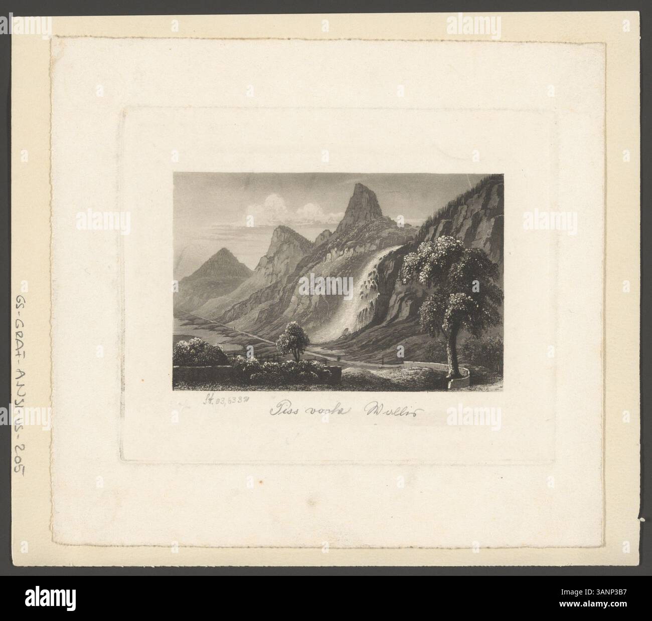 This 19th-century print depicts Pissevache in Wallis, showcasing the waterfall and surrounding ...