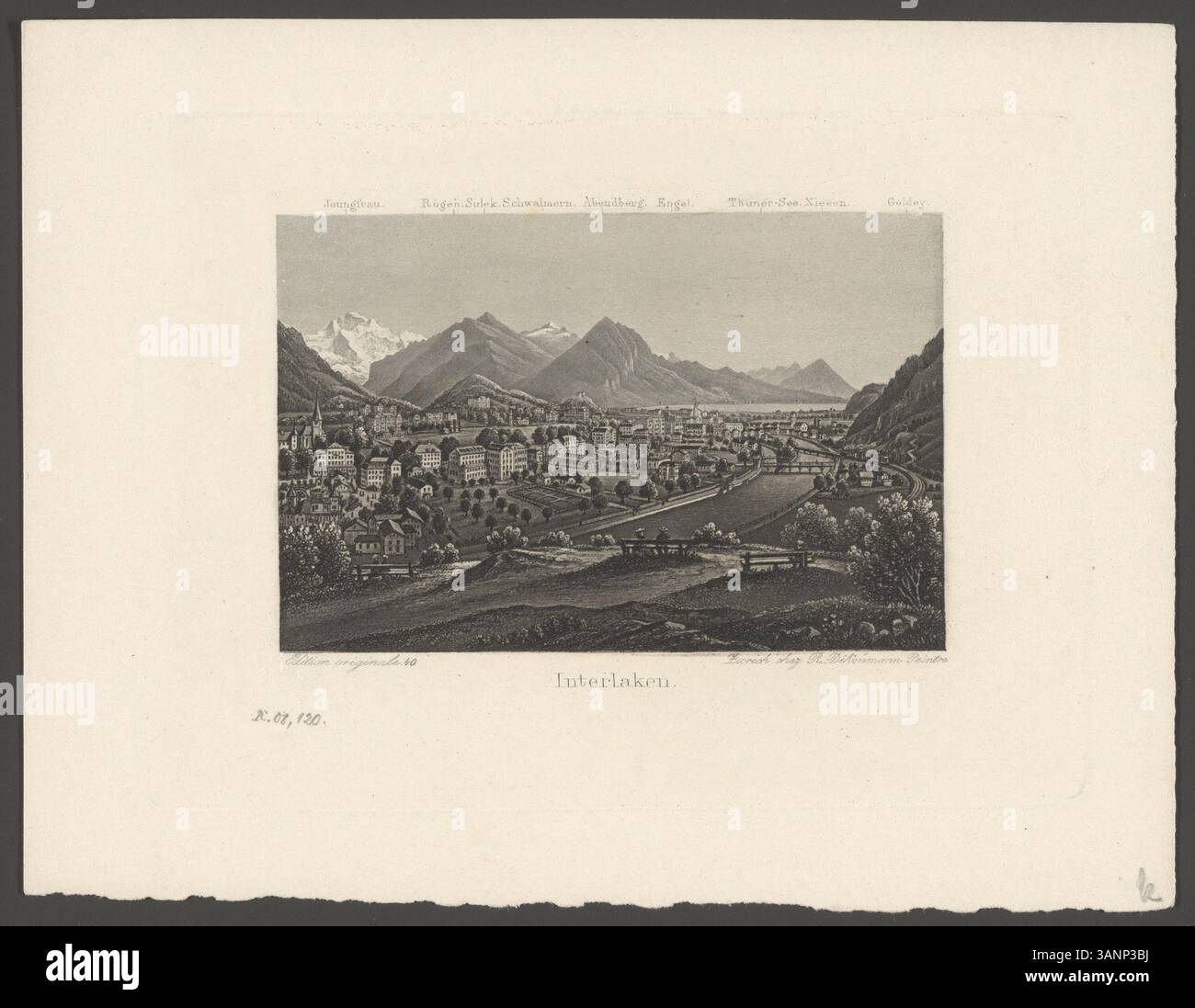This 19th-century etching and aquatint print by Johann Rudolf Dikenmann depicts Interlaken ...
