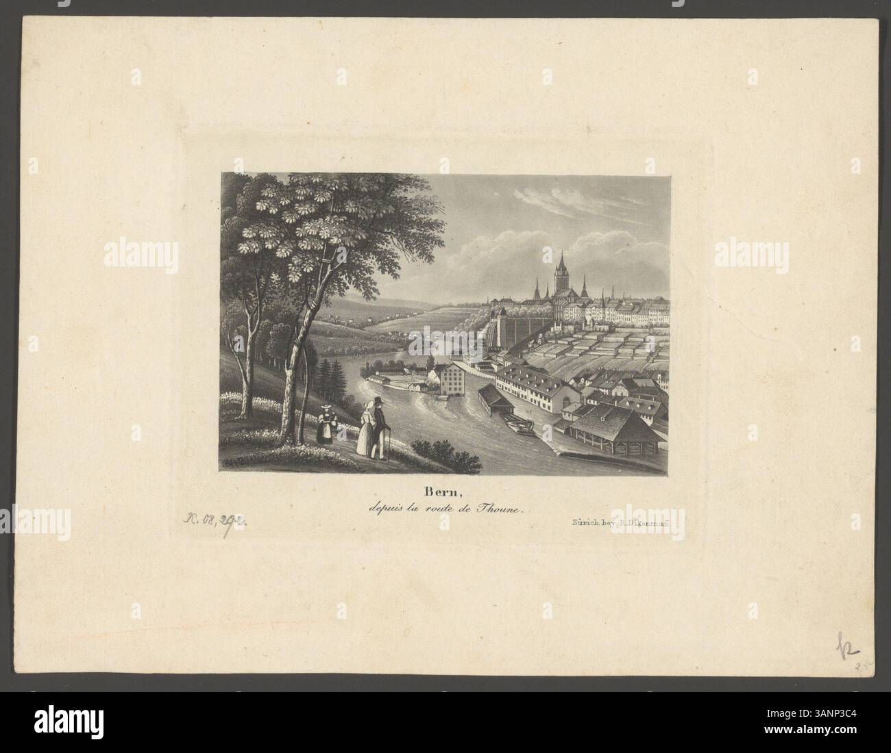This 19th-century etching and aquatint print shows Bern from the road ...