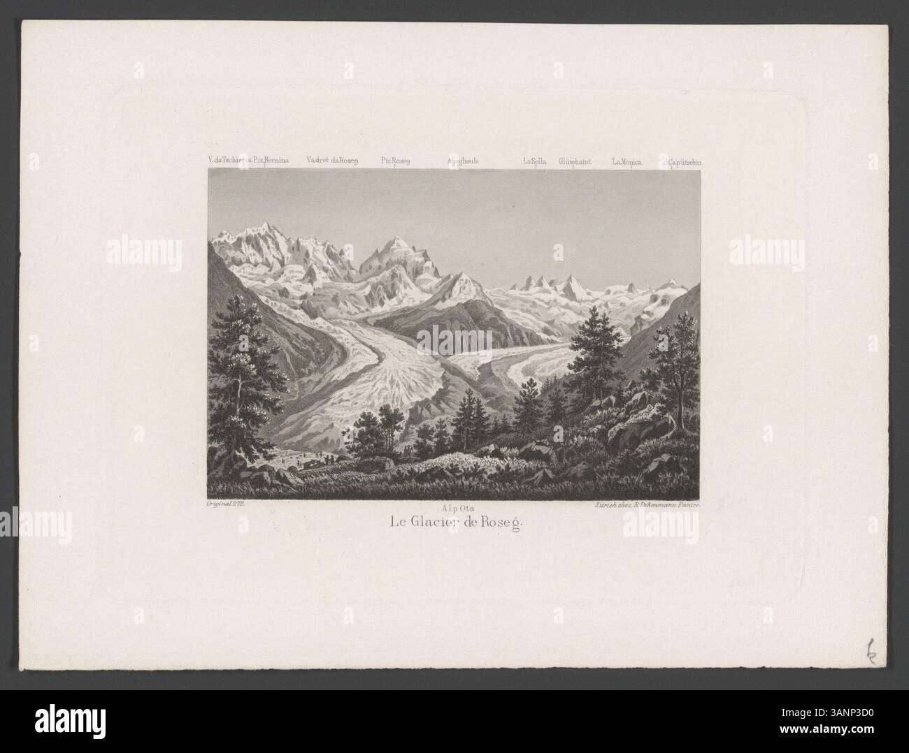 This etching and aquatint print features the Glacier de Roseg and surrounding landscapes ...