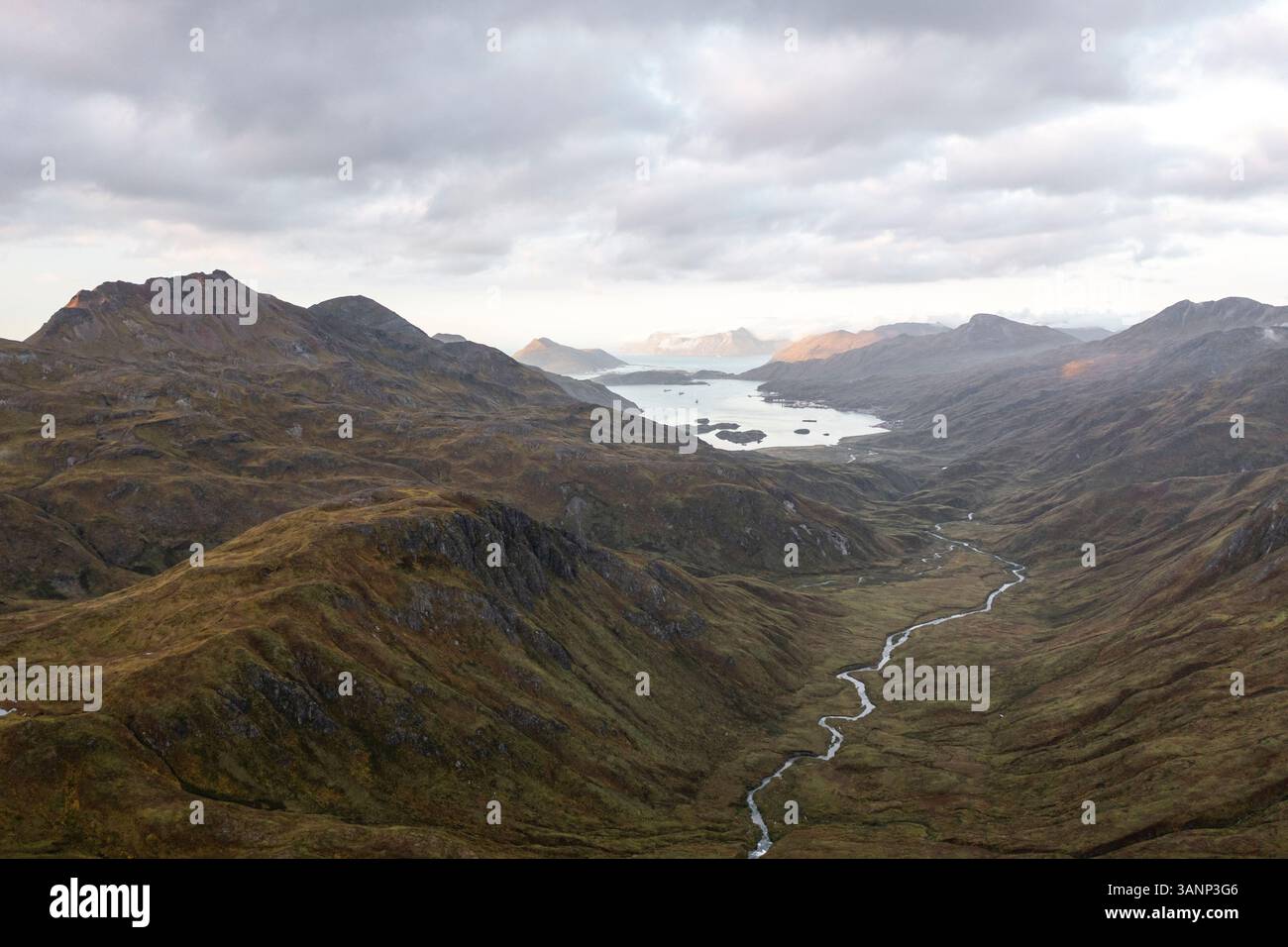 Aerial view of Captain Bay with valley and mountains, Unalaska, Alaska ...