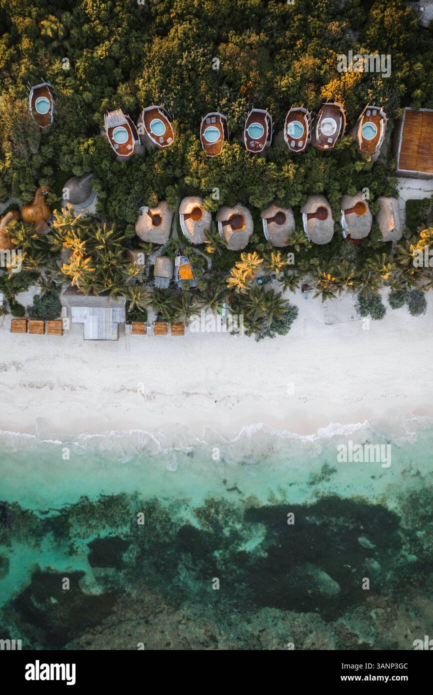 Aerial view of a luxury resort along the beach in Tulum, Mexico Stock ...