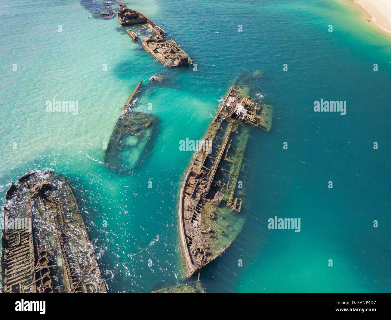 Aerial view of Tangalooma shipwrecks in Moreton Bay, Queensland ...