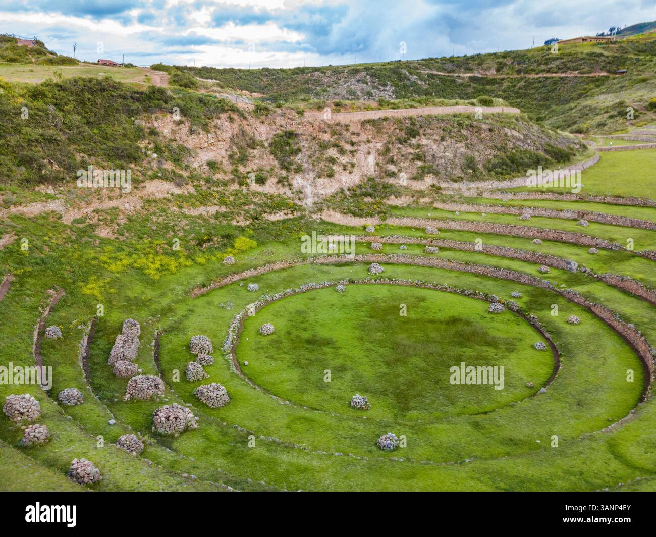 Aerial view of terraced circular depressions of Moray archeological ...