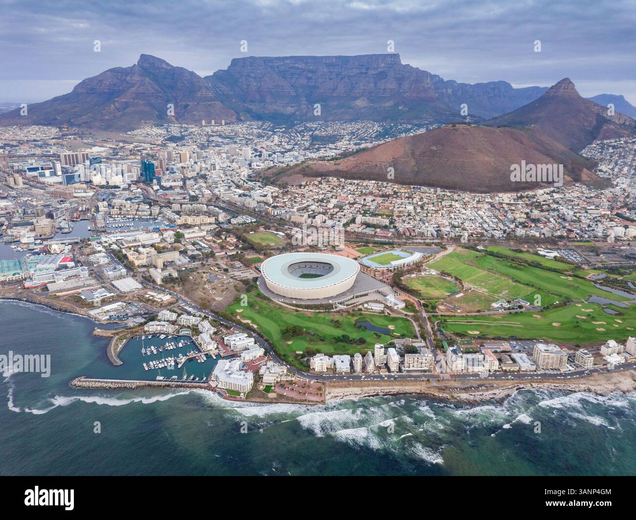 Aerial panoramic view of Mouille Point and Green Point stadium, Cape ...