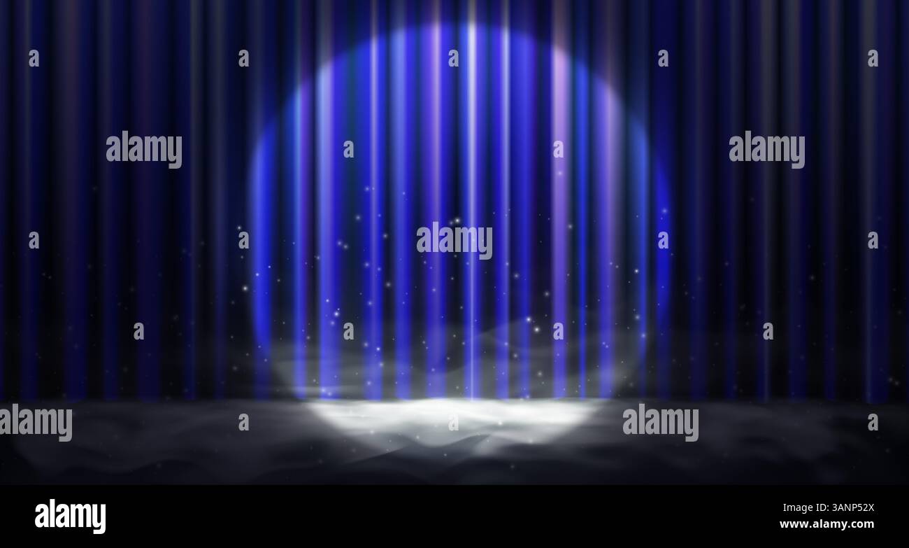 Elegant blue stage curtain with spotlight beam, smoke and fog effects ...