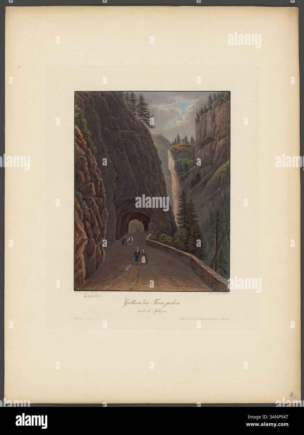 This etching and aquatint print depicts the 'Gallerie du Trou perdu' along the route to Splügen ...