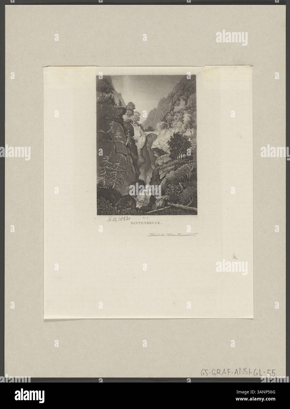 This aquatint print from circa 1840 depicts the Pantenbruck bridge in Switzerland. The scene ...