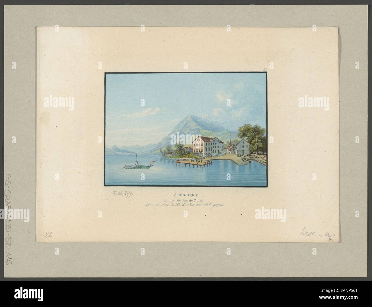 Steel engraving and aquatint print of Jmmensee by Lake Zug, Switzerland. The image features the ...