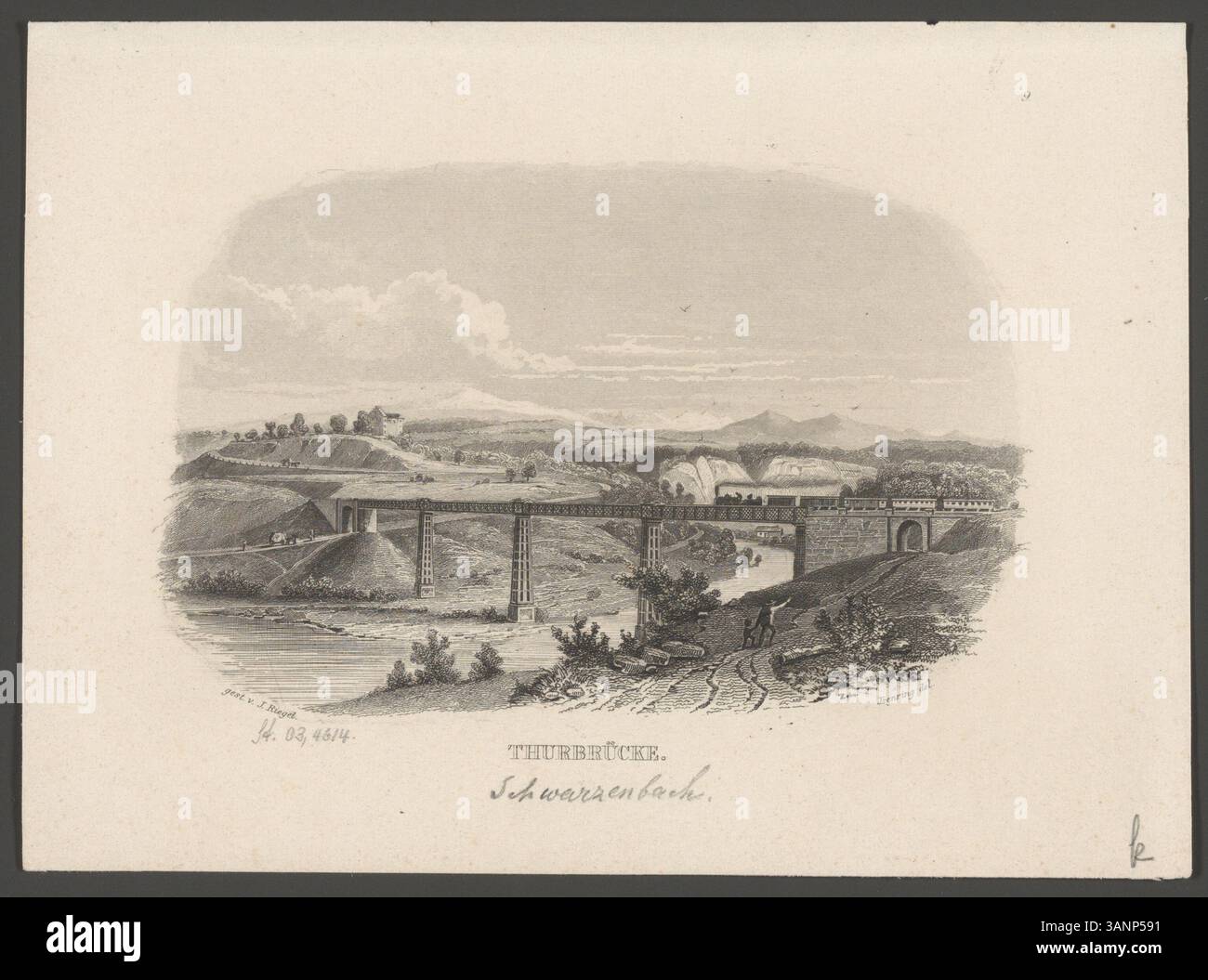 Steel engraving of Thurbrücke, part of Isenring's 'Malerische Ansichten ...