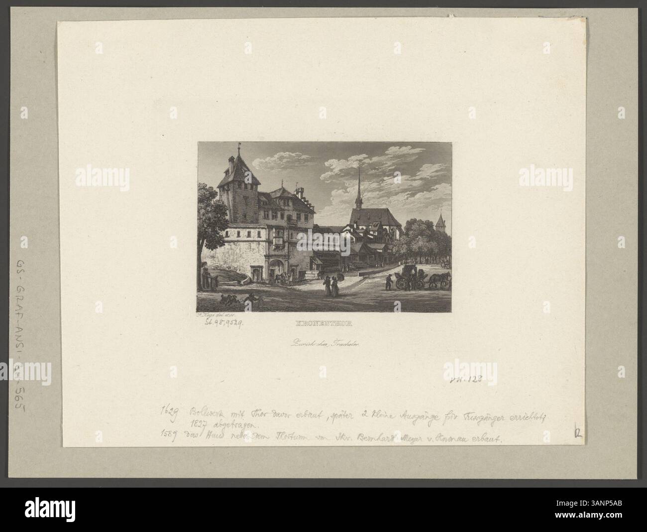Franz Hegi's 1840 aquatint print of the Kornenthor in Zurich, part of ...