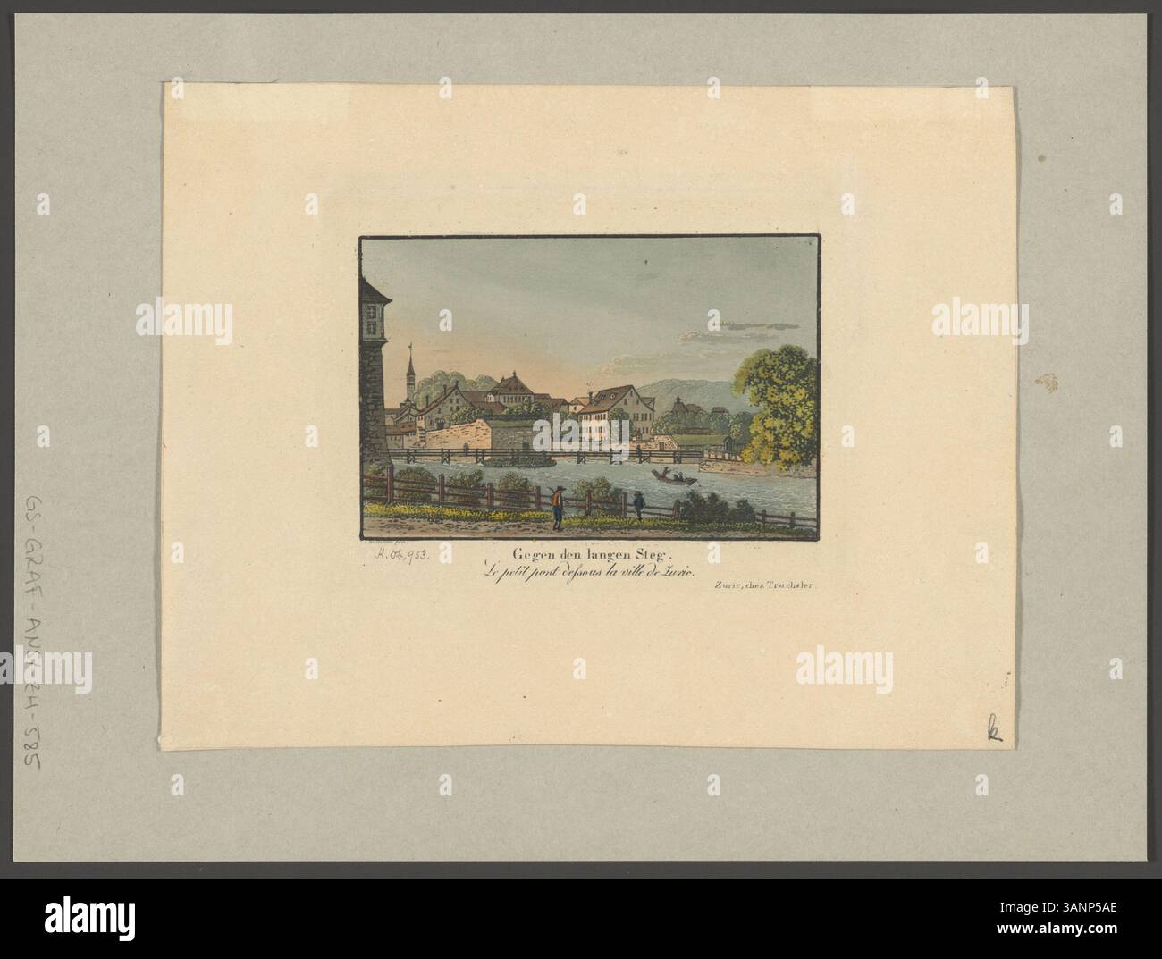 This aquatint print by Johann Thomann depicts a view of a small bridge beneath the city of ...