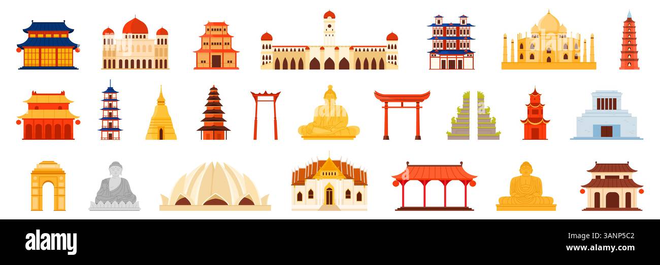 A diverse set of traditional Asian architectural landmarks including ...