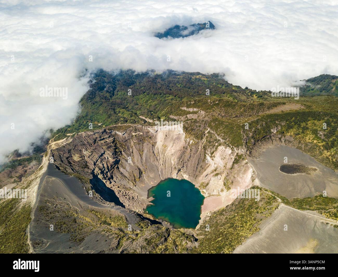 Aerial panoramic view of active Irazu volcano in clouds, Cartago, Costa ...