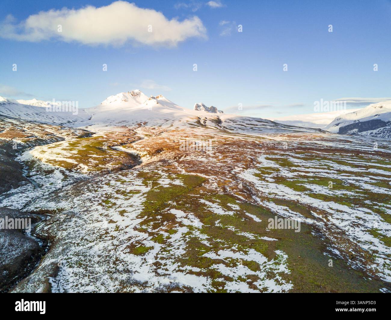 Aerial view of snowy mountains in Skaftafell national park, Iceland ...
