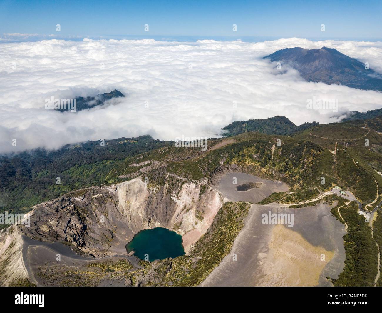 Aerial panoramic view of active Irazu volcano in clouds, Cartago, Costa ...