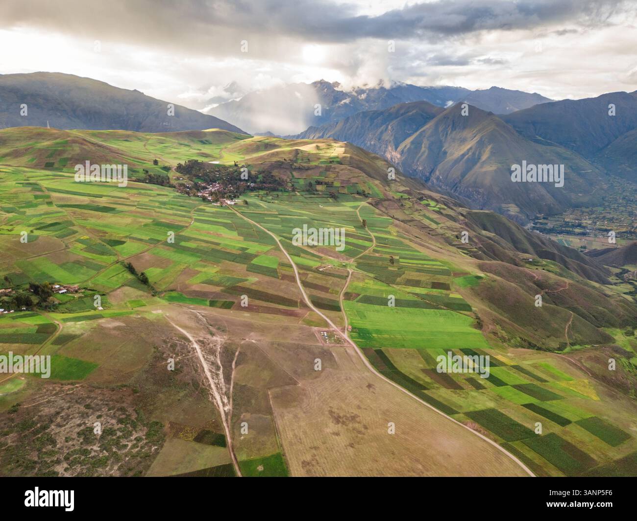 Aerial panoramic view of fields, hills and mountain near Moray ...