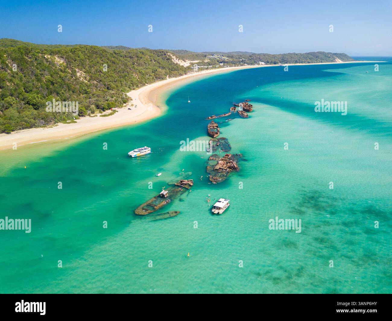 Aerial view of yachts off Tangalooma shipwrecks in Moreton Bay ...