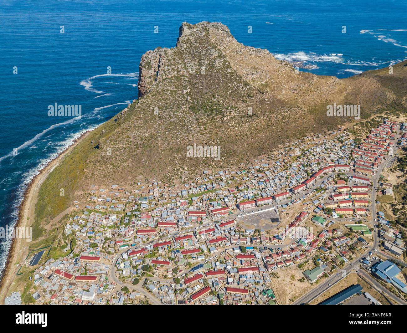 Aerial panoramic view of Hout Bay Harbour, and hillside town, Cape Town ...