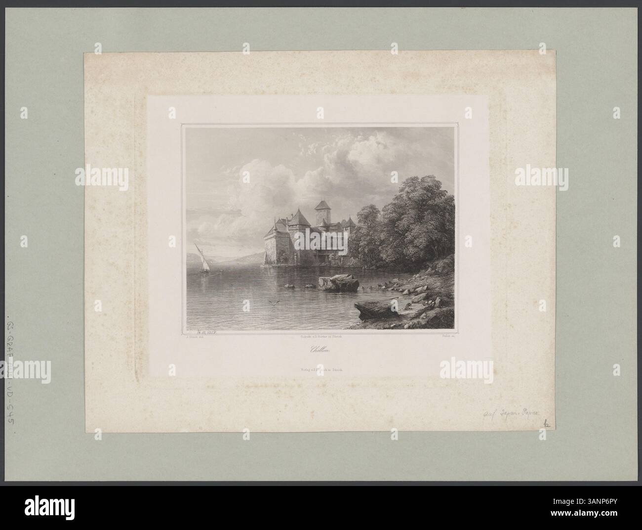 Lithograph by Johann Jakob Ulrich, printed in 1856, depicting the Château de Chillon. Engraved ...