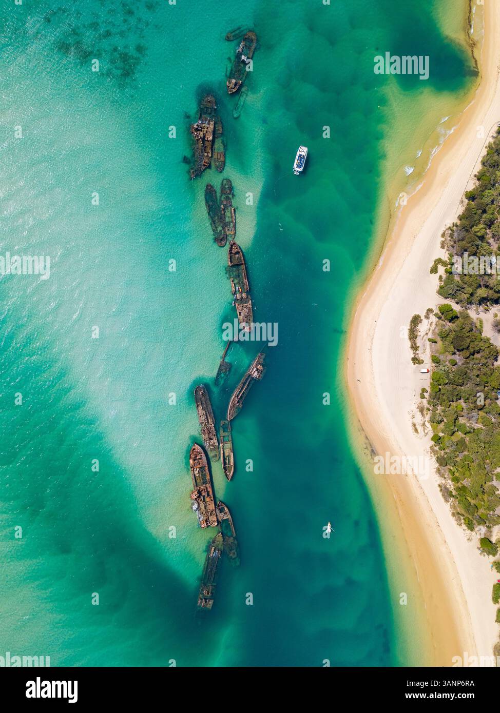 Aerial view of Tangalooma shipwrecks in Moreton Bay, Queensland ...