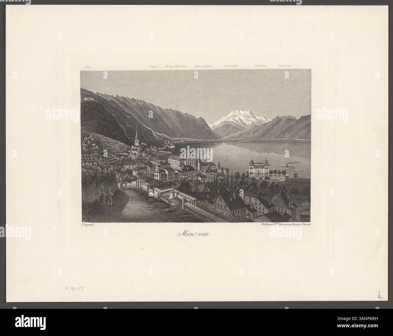 Aquatint print from between 1860 and 1870 depicting Montreux and the ...