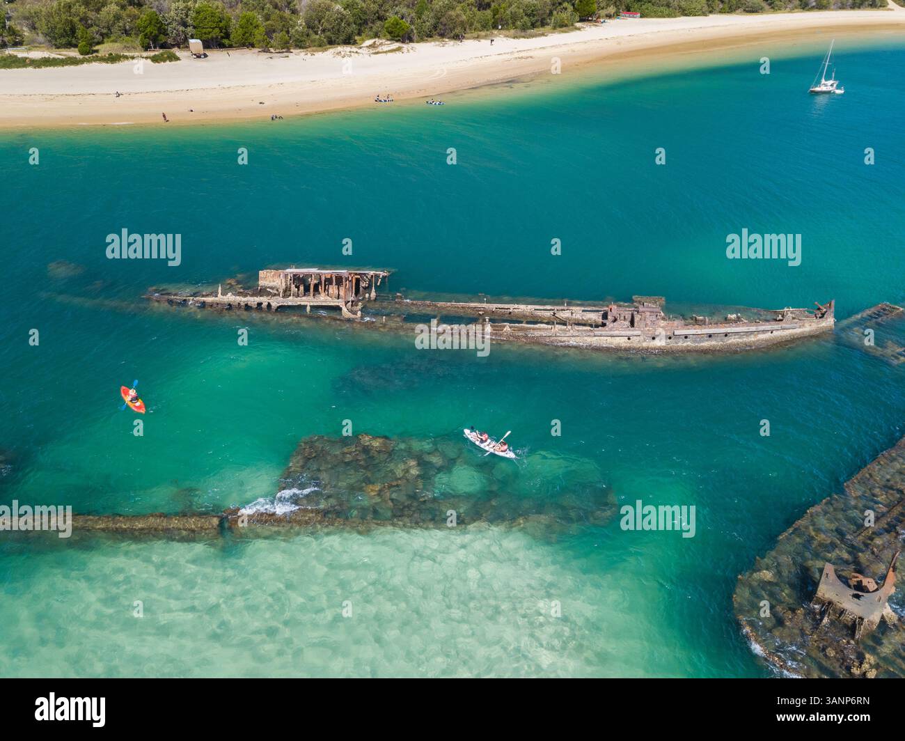 Aerial view of kayak and Tangalooma shipwrecks in Moreton Bay ...