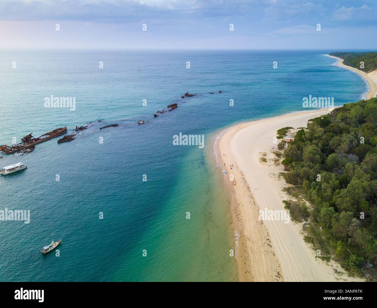 Aerial view of yachts off Tangalooma shipwrecks in Moreton Bay ...