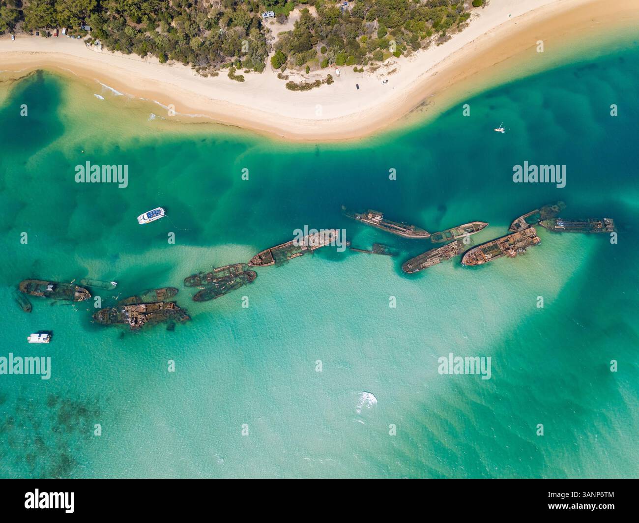 Aerial view of yachts off Tangalooma shipwrecks in Moreton Bay ...