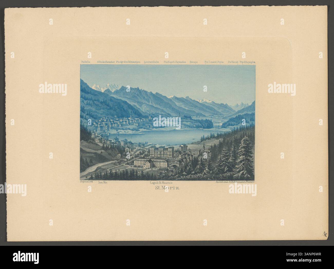 This 19th-century etching and aquatint print depicts the St. Moritz region in the Swiss Alps ...