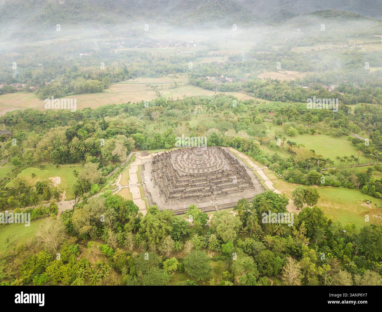 Aerial view of the world's largest buddhist temple Borobudur in Java ...