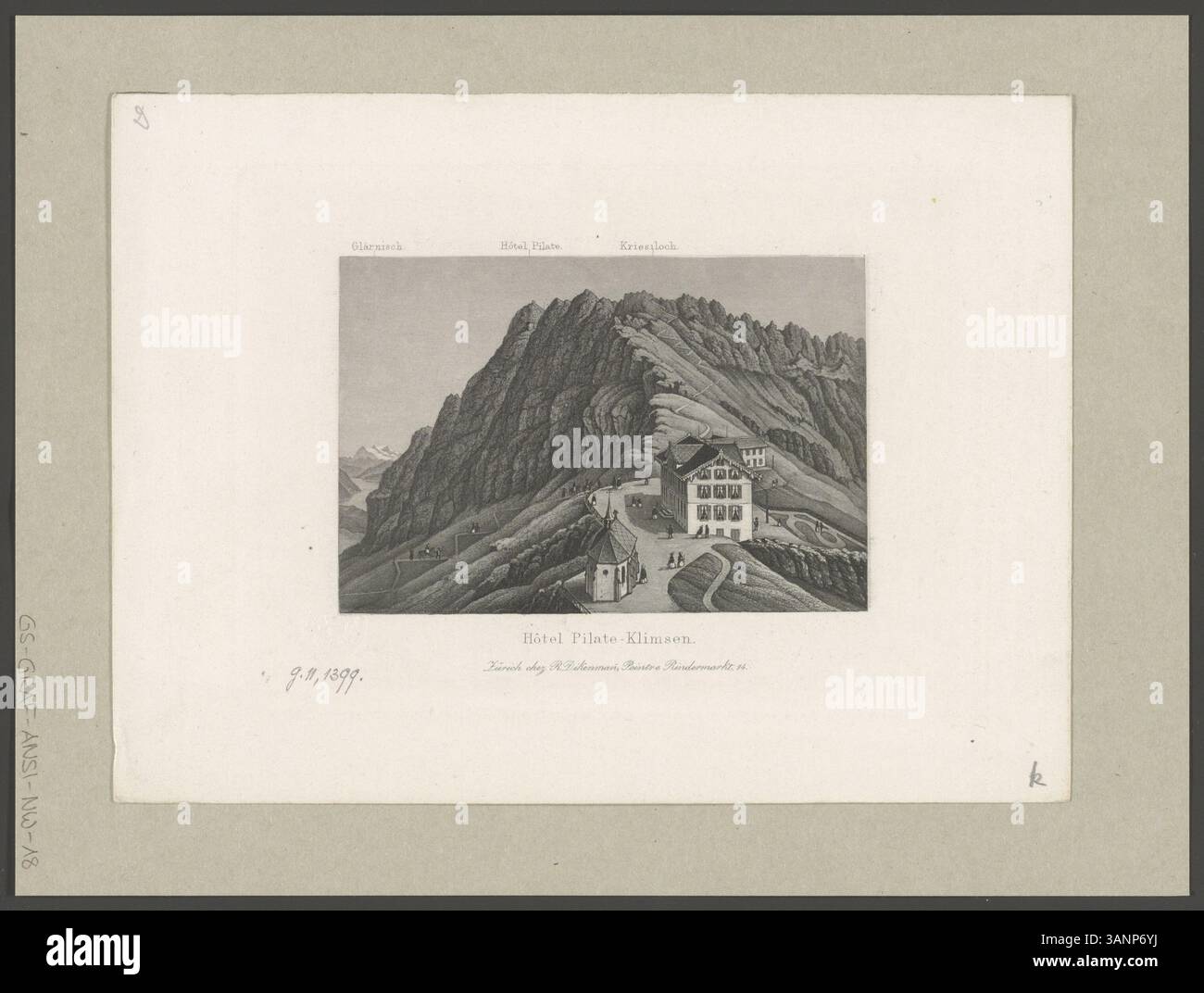 This etching and aquatint print depicts various Swiss landscapes, including Glärnisch, Hôtel ...