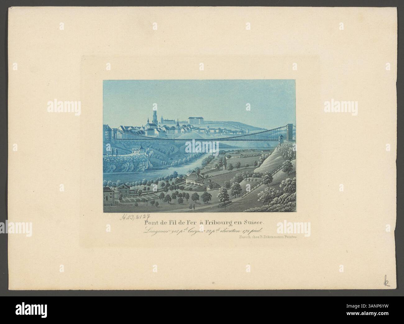 Print created after 1834, showcasing the Fil de Fer Bridge in Fribourg ...