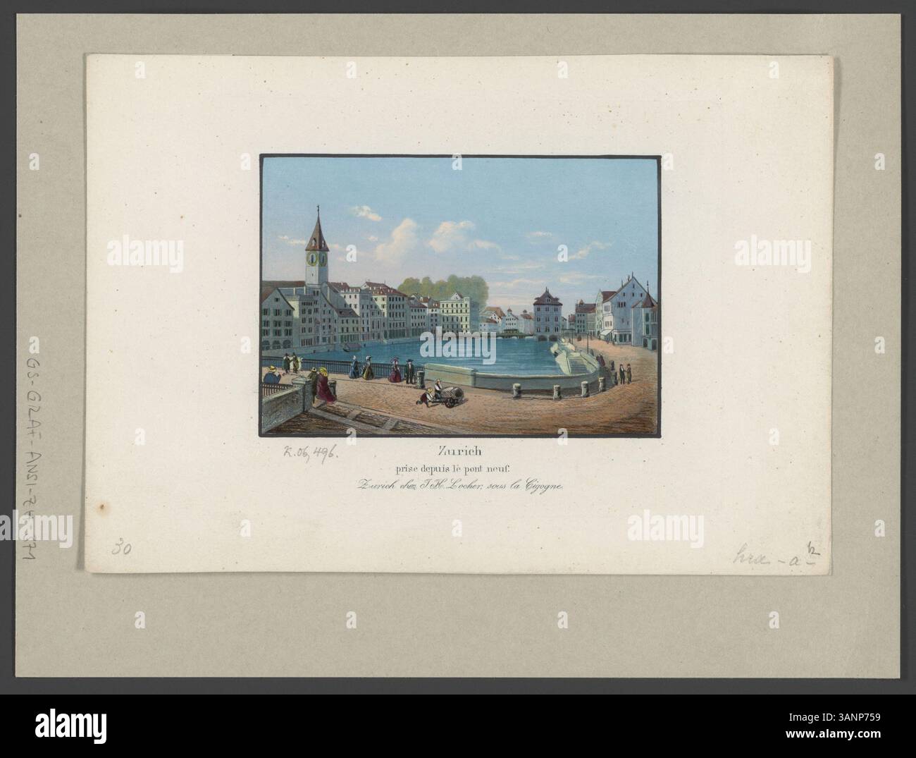 This steel engraving and aquatint print shows Zurich from the New Bridge, capturing the ...