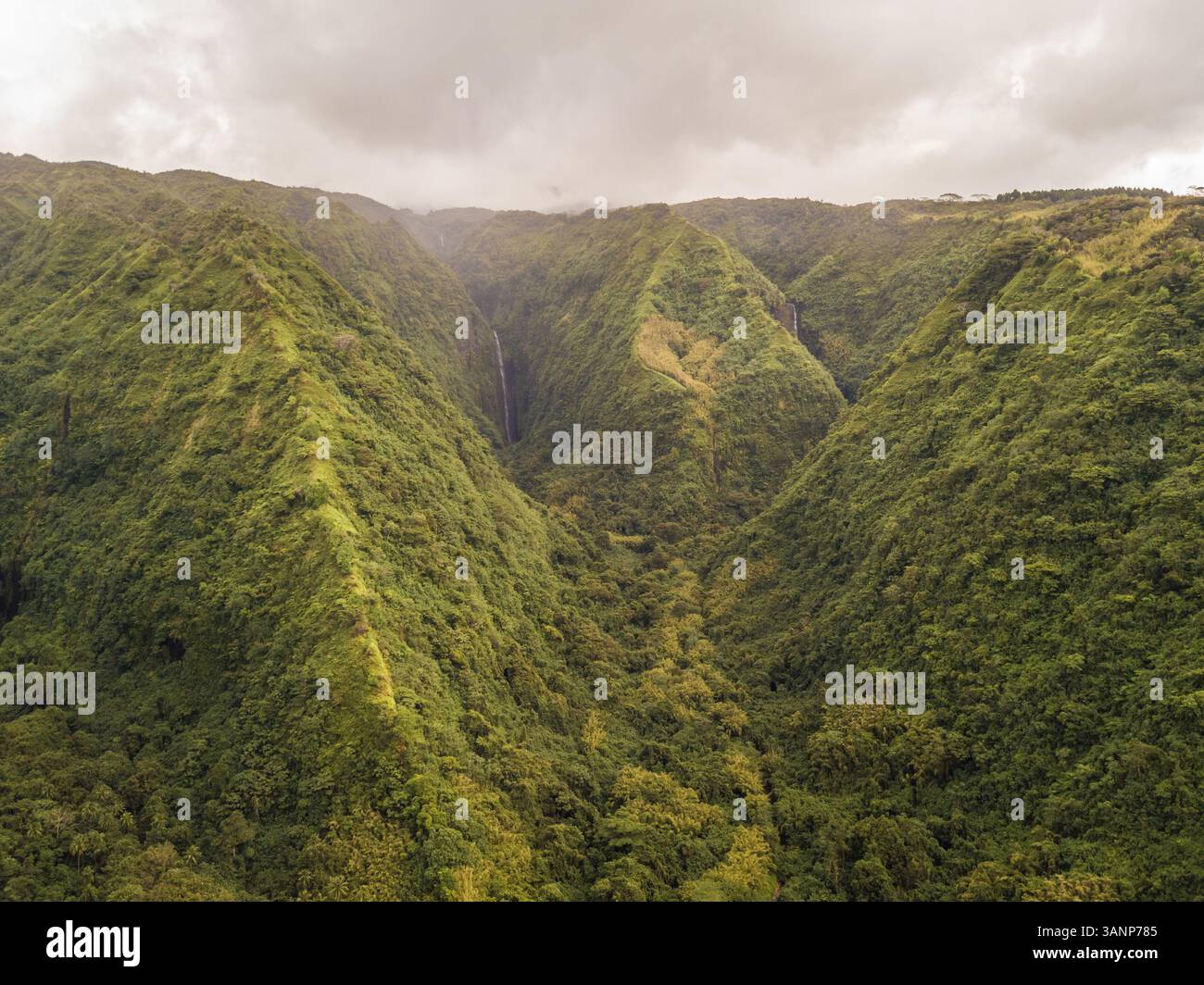 Aerial view of Tahiti mountains with stormy weather in French Polynesia ...