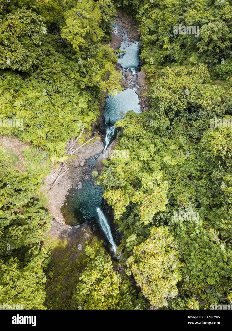 Aerial view of Faarumai waterfall in Tahiti island, French Polynesia ...