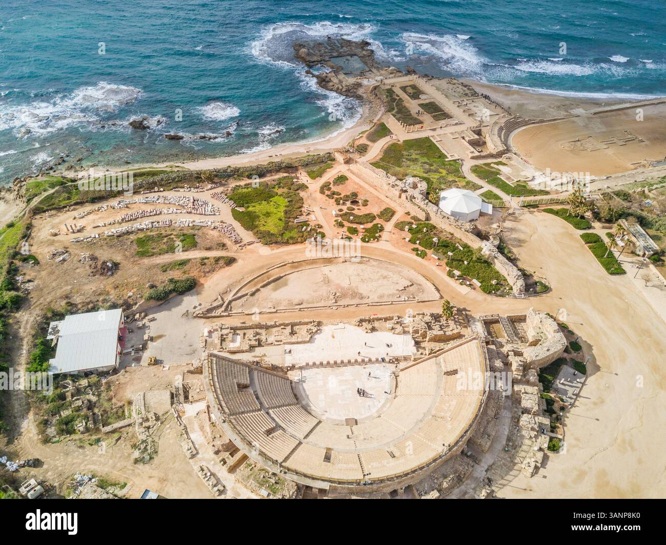 Aerial view of ruins of Promontory Palace amphitheatre, Haifa, Israel ...