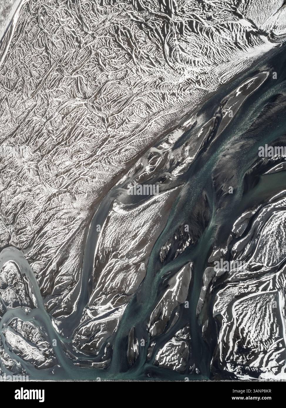 Aerial view of meltwater running off Eyjafjallajökull Volcano in ...