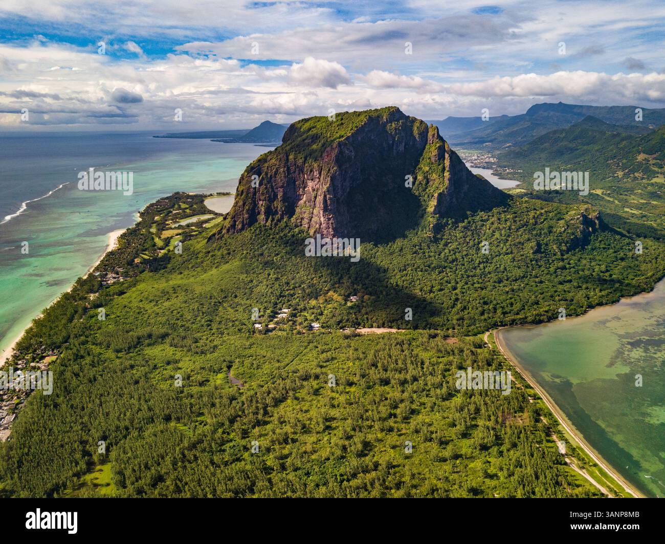 Aerial view of rocky hills and forest in Le Morne, Riviere Noire ...