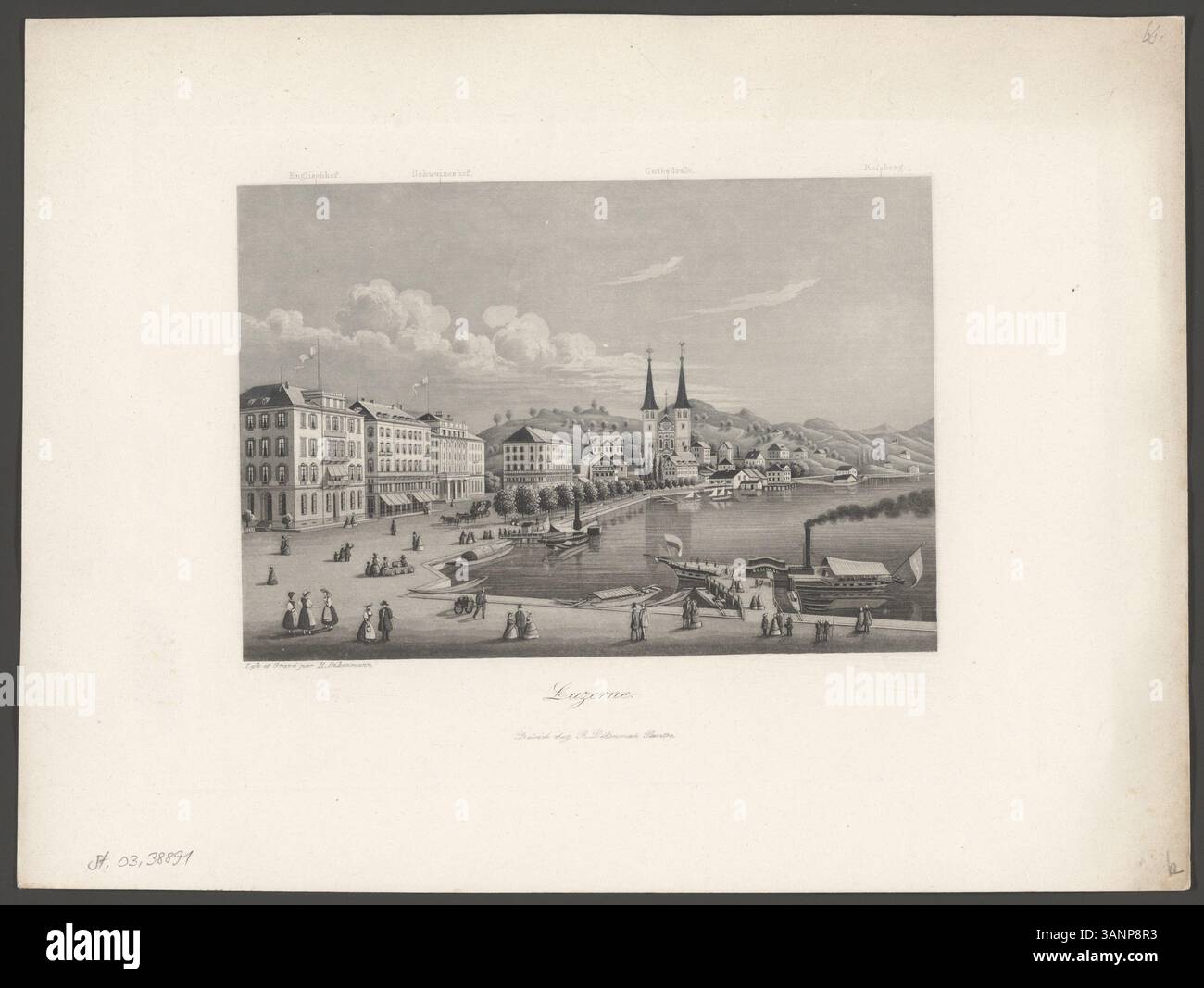 This etching and aquatint by Johann Rudolf Dikenmann shows a view of Lucerne, including ...